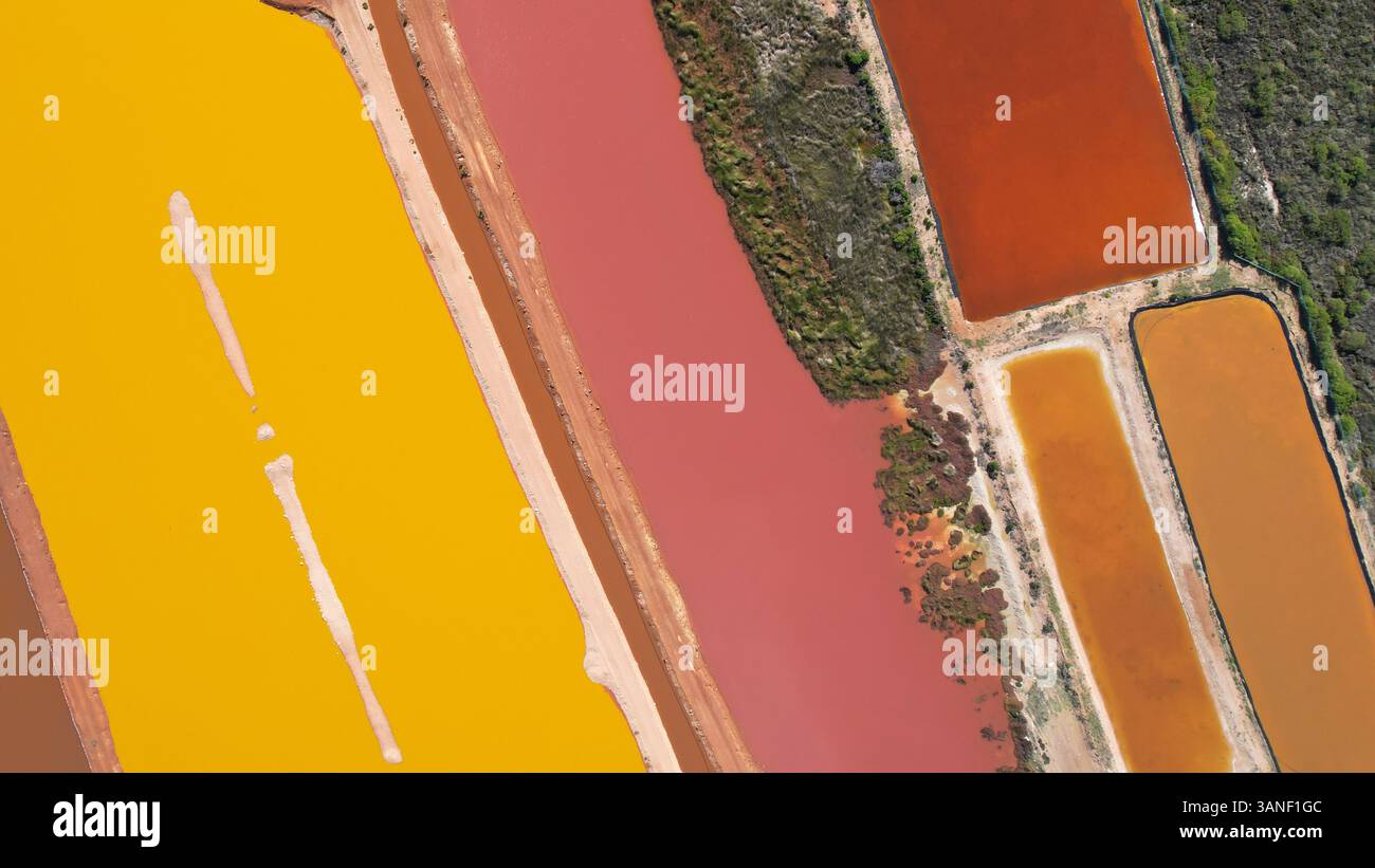 Aerial view of colorful pools in Hutt Lagoon Pink Lake, salt farm in ...