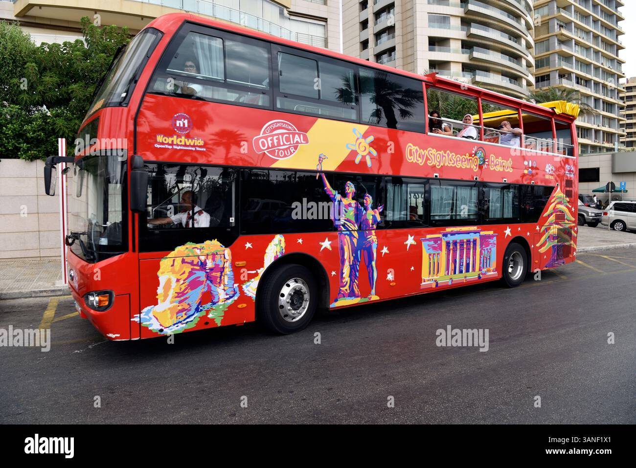 CitySightseeing tour bus parked along Corniche, Beirut, Lebanon Stock ...