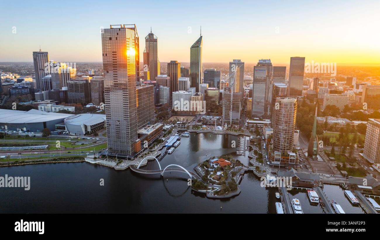 Aerial view of elizabeth quay and elizabeth quay bridge with sunset ...