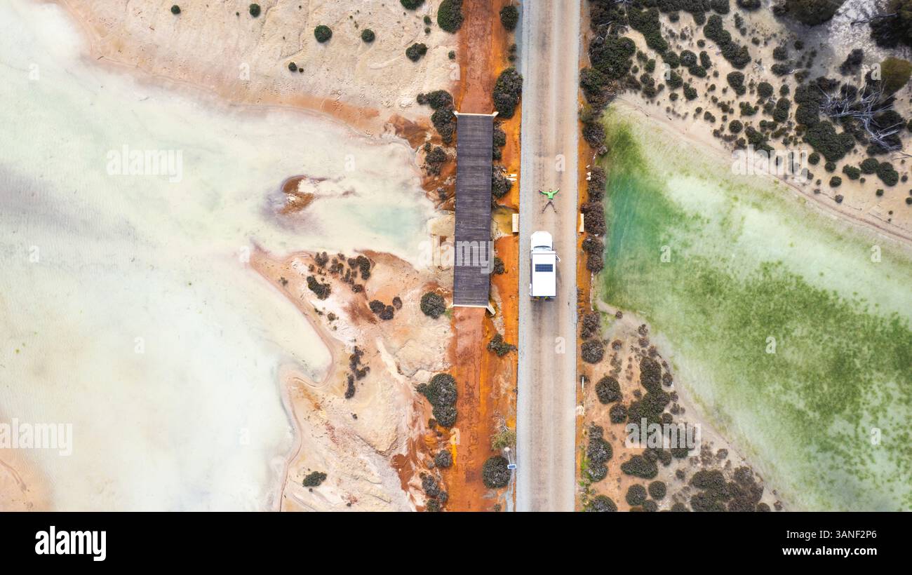 Aerial view of Wave Rock and Lake Magic surrounded by beautiful desert ...