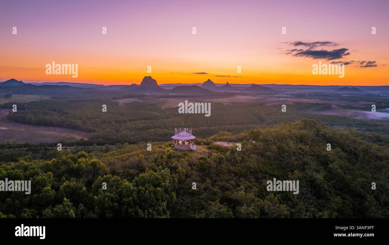 Aerial view of Glass House Mountains Range at twilight, Wild Horse ...