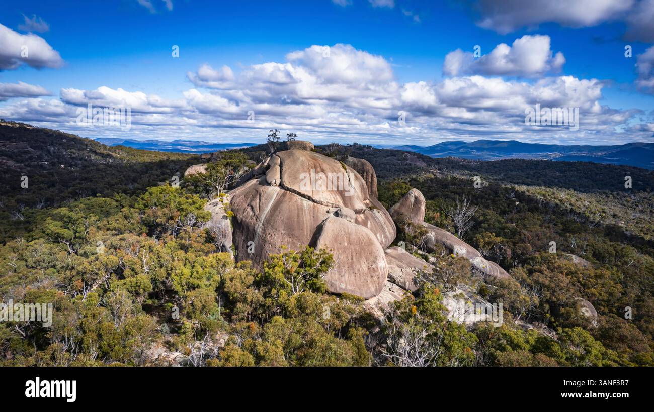 Aerial view of rugged mountain landscape with rocky peaks and lush ...