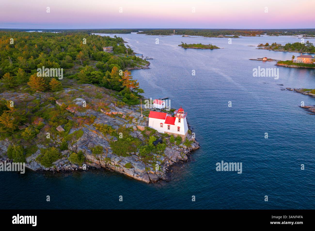Aerial view of Pointe au Baril Lighthouse and Georgian Bay, Parry Sound ...