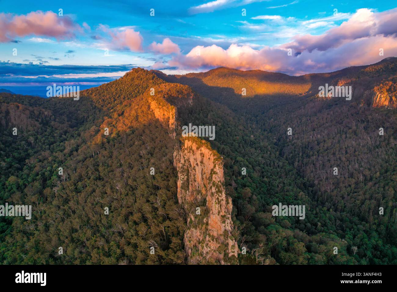 Aerial view of majestic mountains and serene forest at Mount Steamer ...