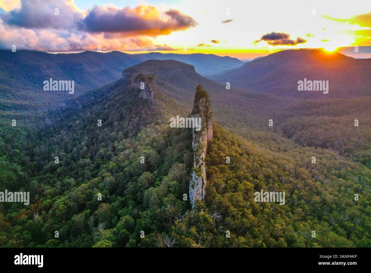 Aerial view of Mount Steamer and The Steamers with lush forest and ...