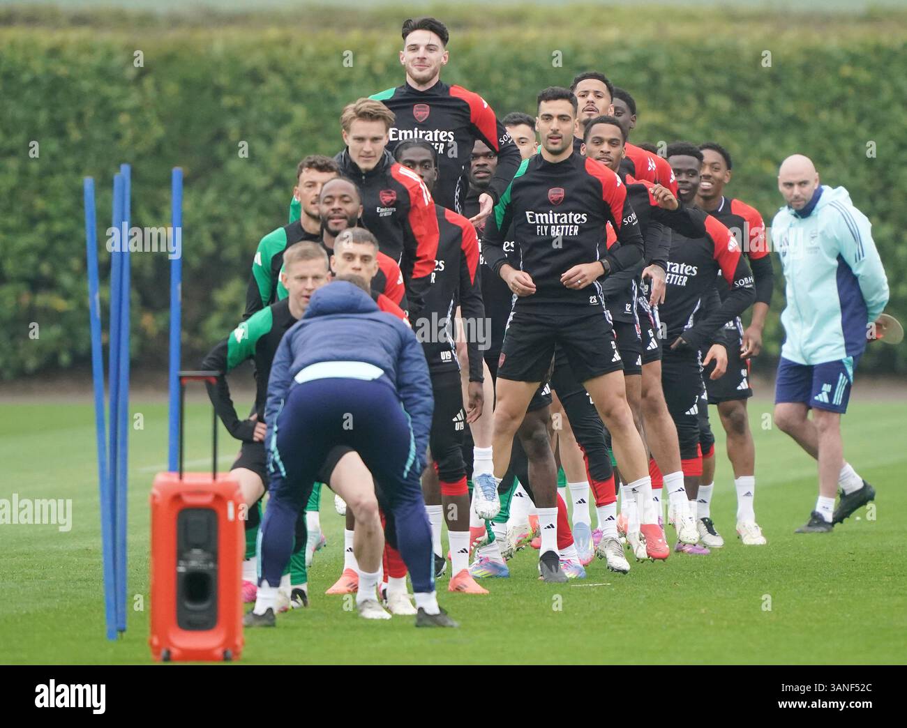 Arsenal's Declan Rice (top left) and team-mates during a training ...