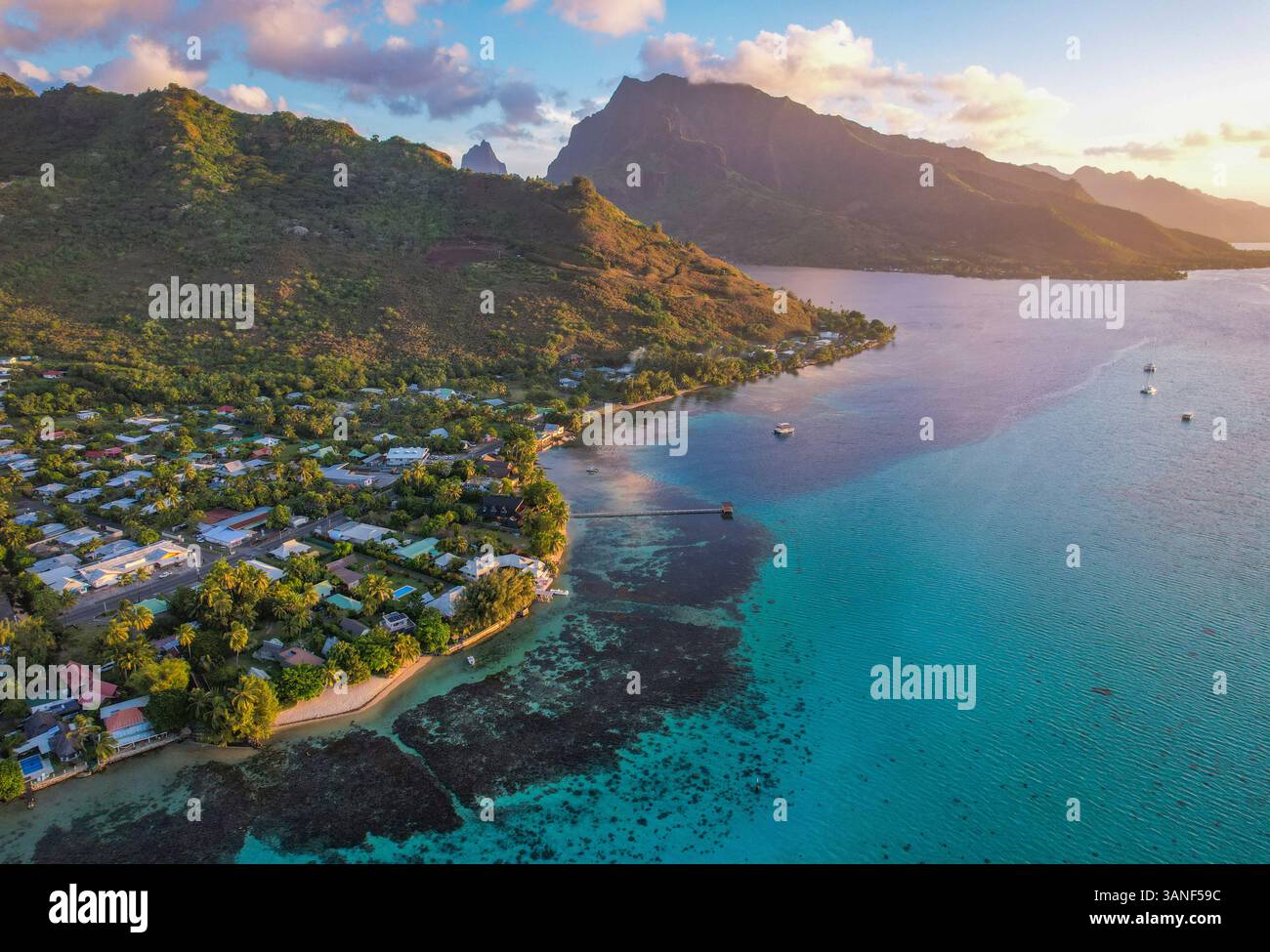 Aerial view of Cook's Bay and Moorea Reef, Orovau, French Polynesia ...