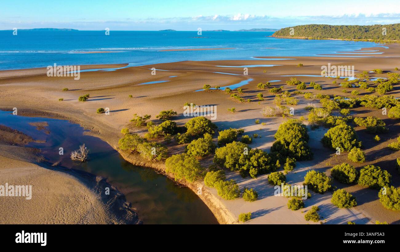 Aerial view of tranquil Kinka Beach with lush greenery and serene ...