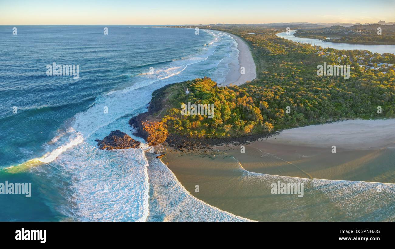 Aerial view of natural sandy beach and blue ocean at Fingal Head Beach ...