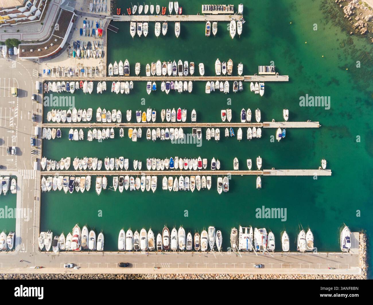Aerial view of boats anchored at the marina, L'Escala, Spain Stock ...
