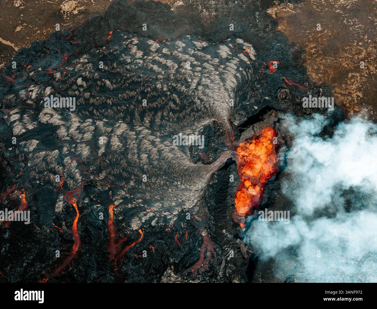 Aerial view of Litli-Hrutur (Little Ram) Volcano during an eruption on ...