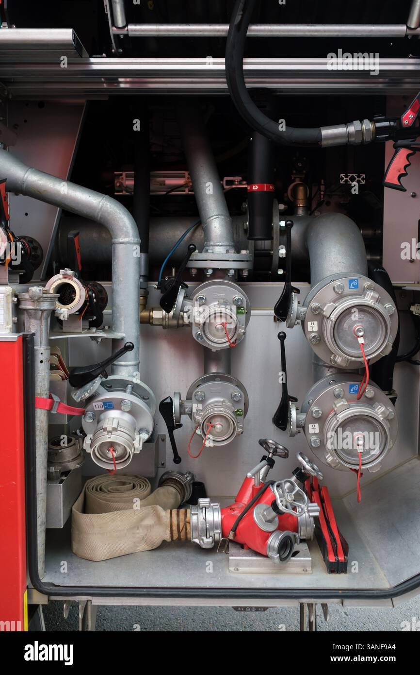 Various firefighting equipment includes hoses, valves, and nozzles ...