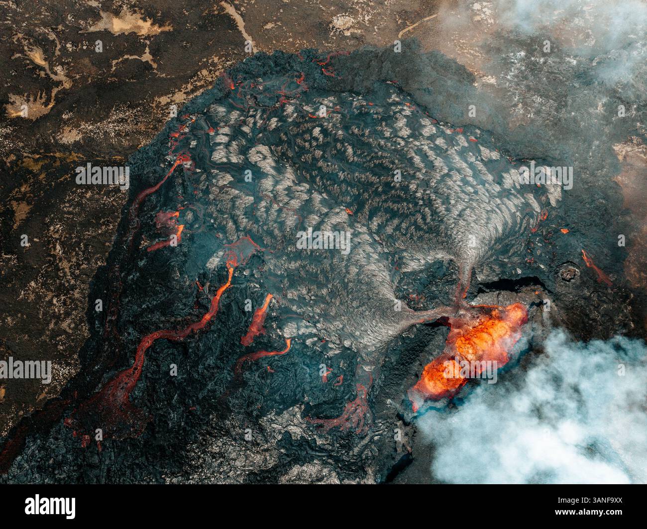 Aerial view of Litli-Hrutur (Little Ram) Volcano during an eruption on ...