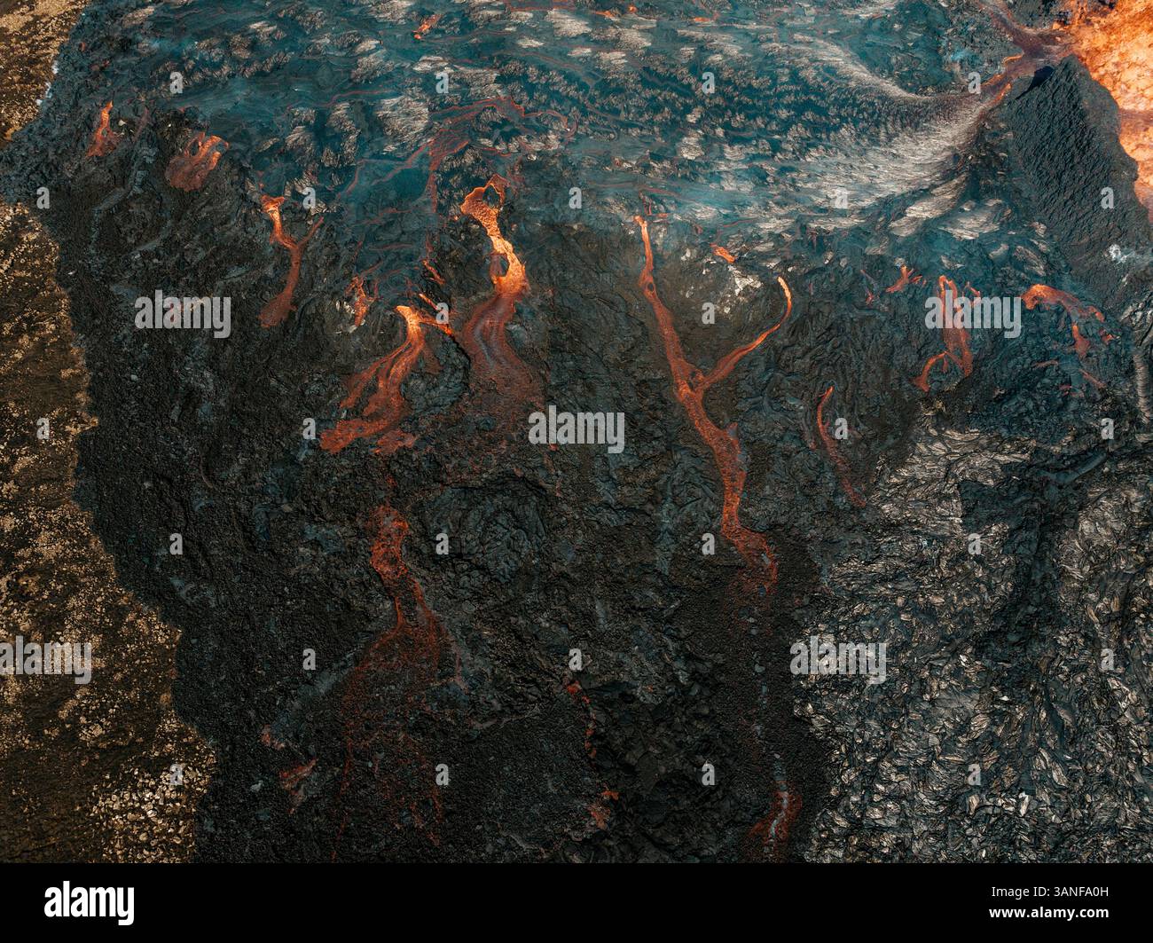 Aerial view of Litli-Hrutur (Little Ram) Volcano during an eruption on ...