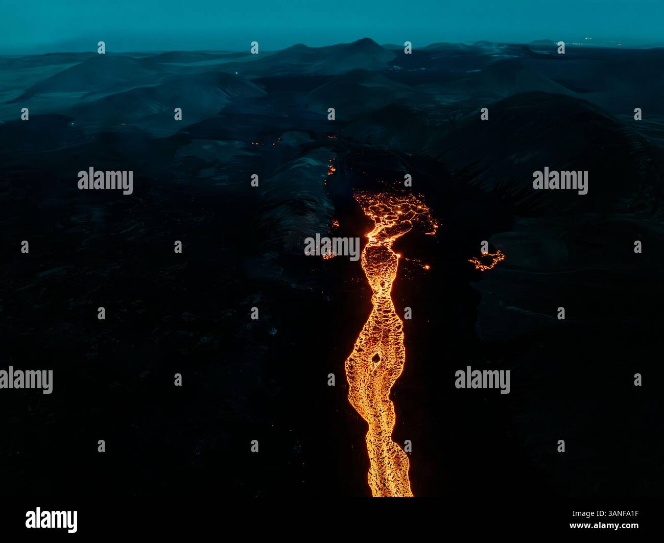 Aerial view of Litli-Hrutur (Little Ram) Volcano during an eruption on ...