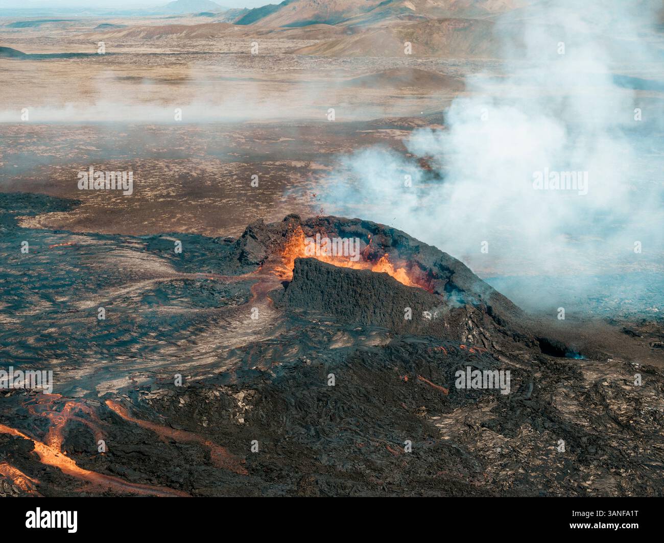 Aerial view of Litli-Hrutur (Little Ram) Volcano during an eruption on ...