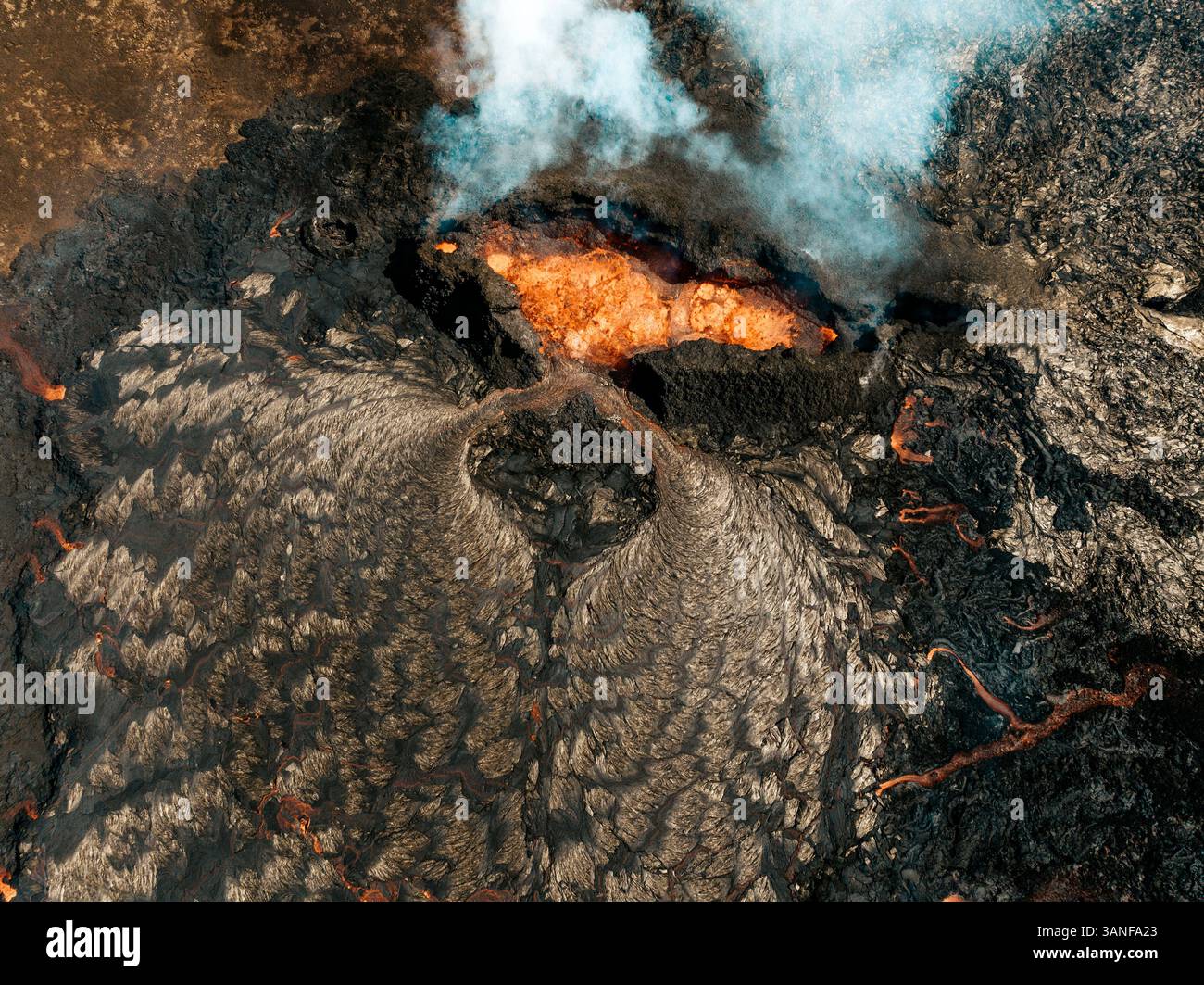 Aerial view of Litli-Hrutur (Little Ram) Volcano during an eruption on ...