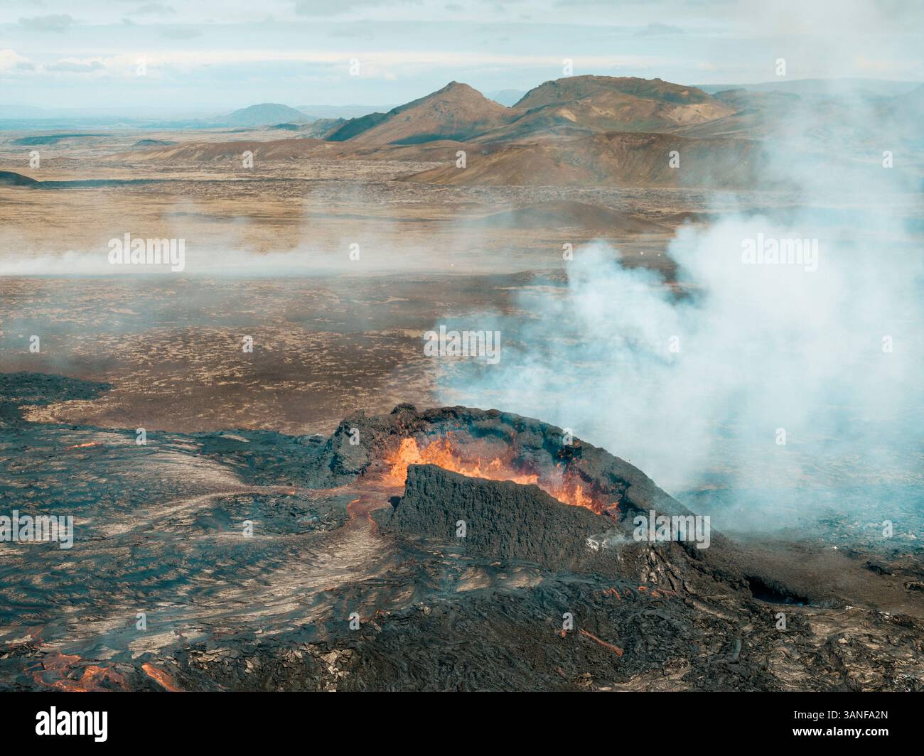 Aerial view of Litli-Hrutur (Little Ram) Volcano during an eruption on ...