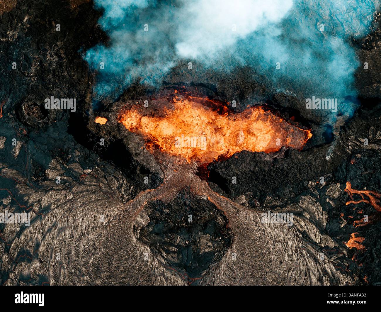 Aerial view of Litli-Hrutur (Little Ram) Volcano during an eruption on ...