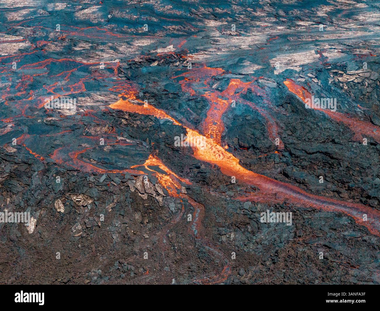 Aerial view of Litli-Hrutur (Little Ram) Volcano during an eruption on ...