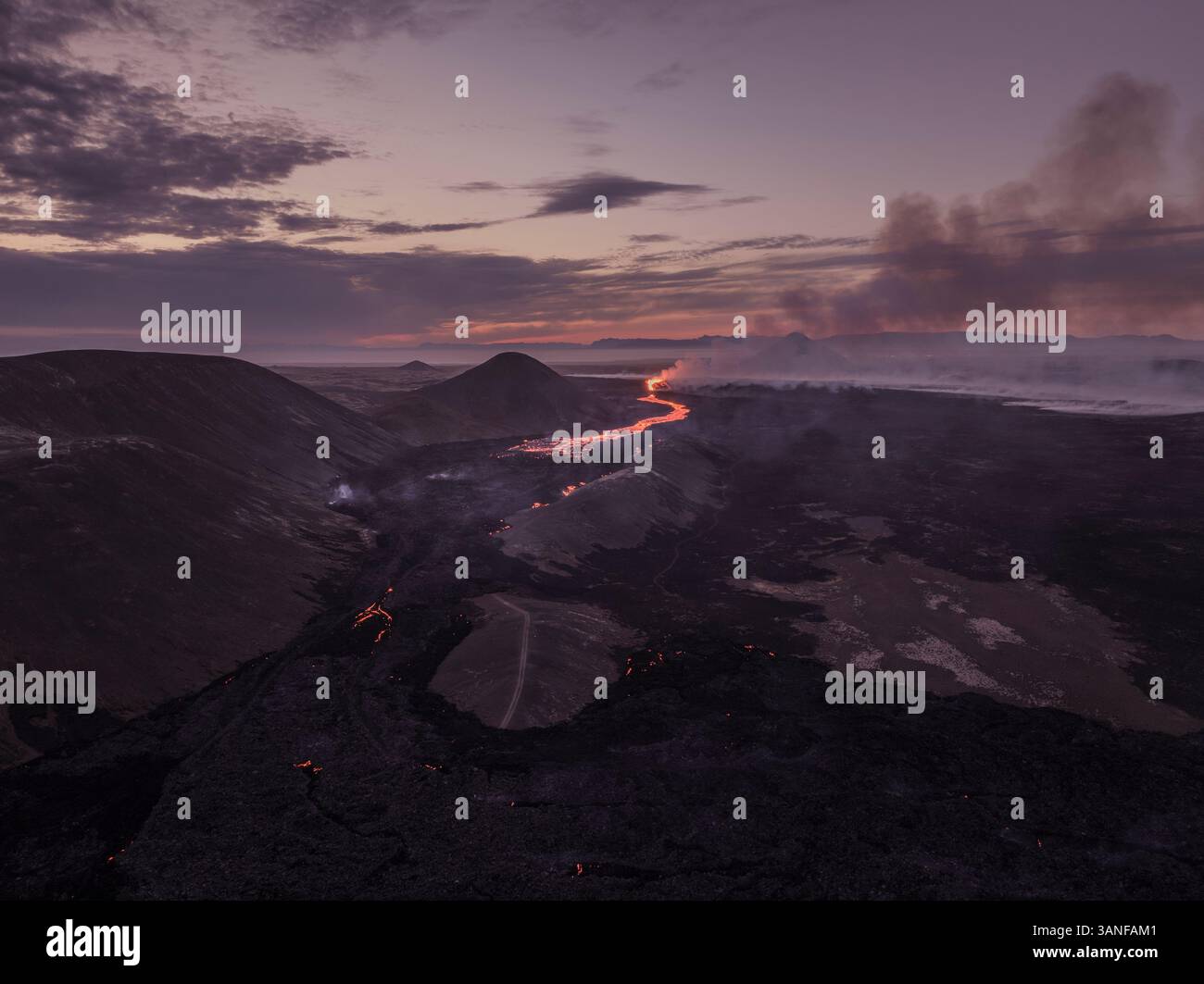Aerial view of Litli-Hrutur (Little Ram) Volcano during an eruption on ...