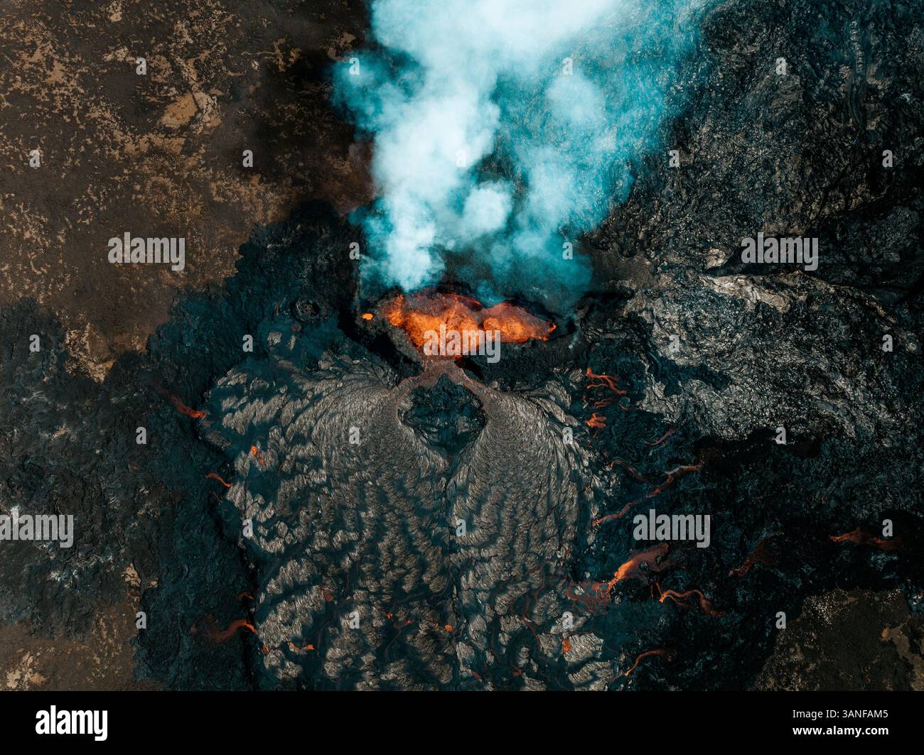 Aerial view of Litli-Hrutur (Little Ram) Volcano during an eruption on ...