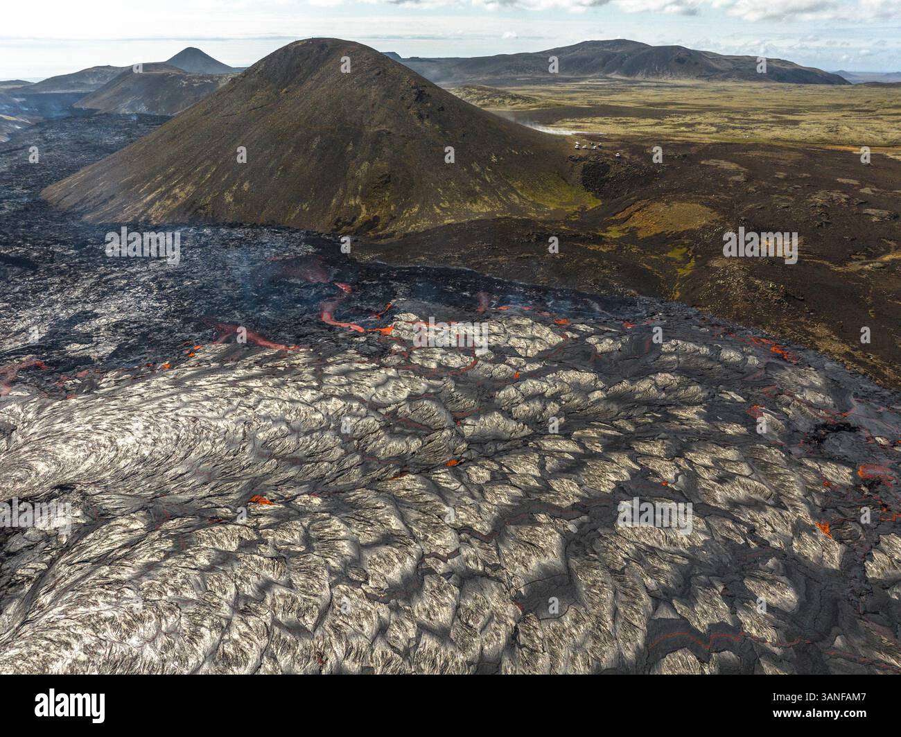 Aerial view of Litli-Hrutur (Little Ram) Volcano during an eruption on ...