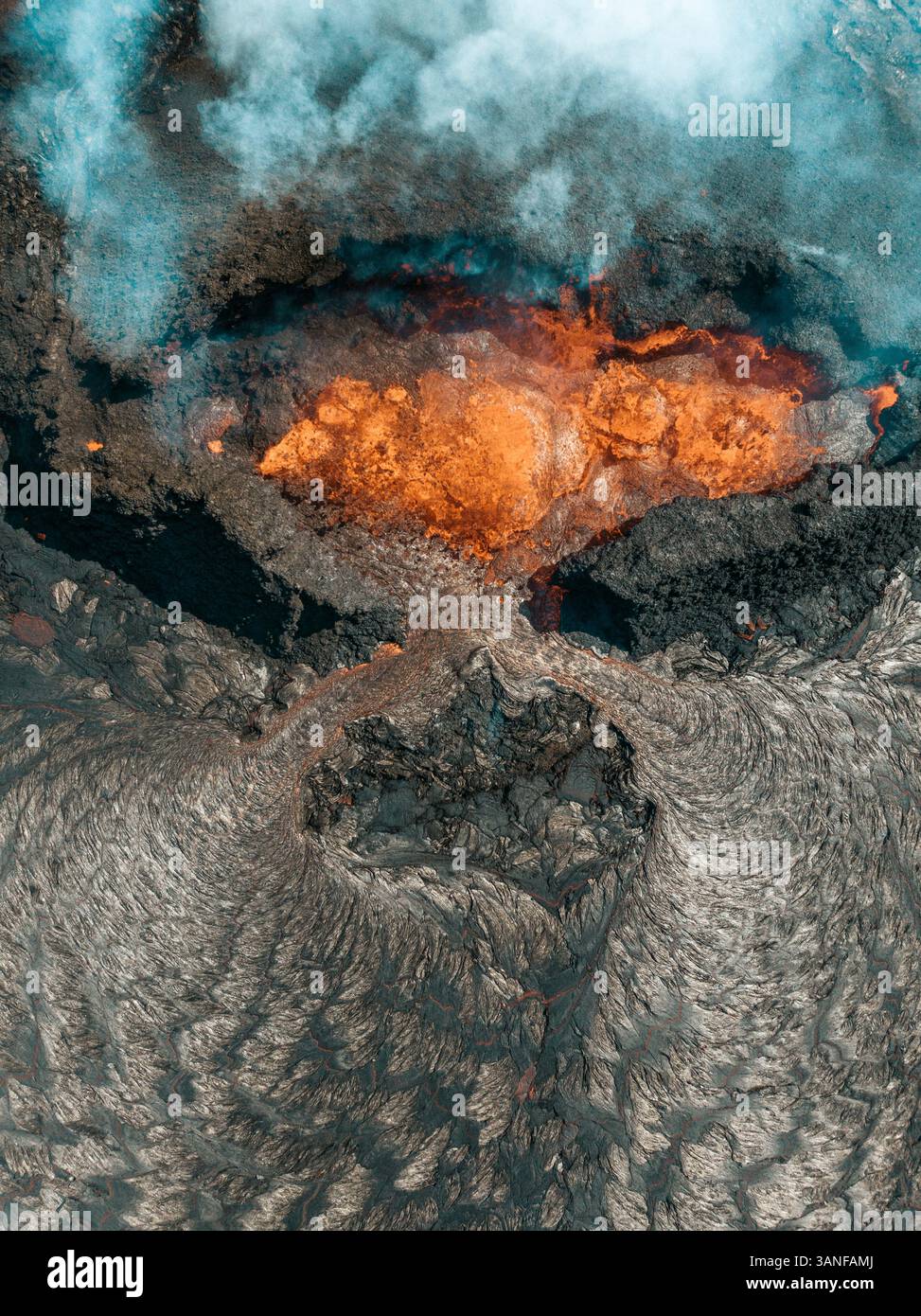 Aerial view of Litli-Hrutur (Little Ram) Volcano during an eruption on ...