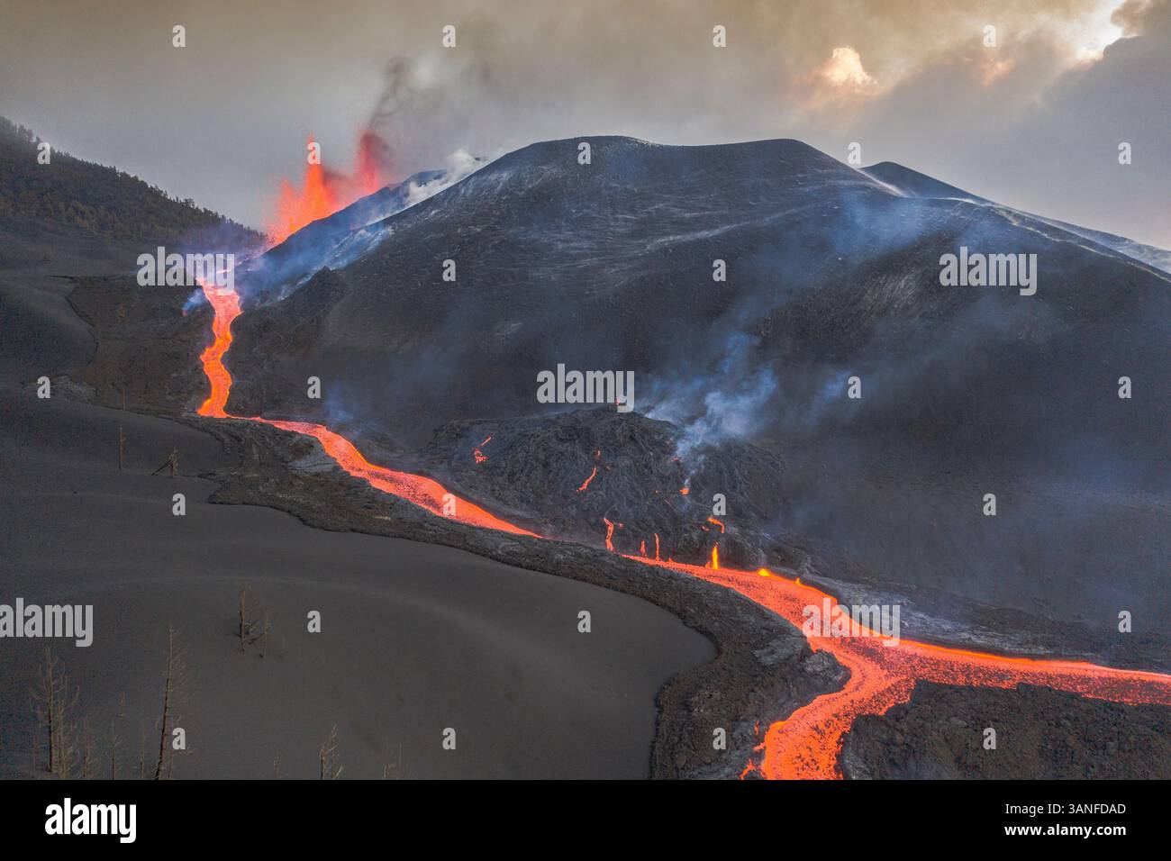Aerial top down view of lava floating down the Volcan Cumbre Vieja, a ...