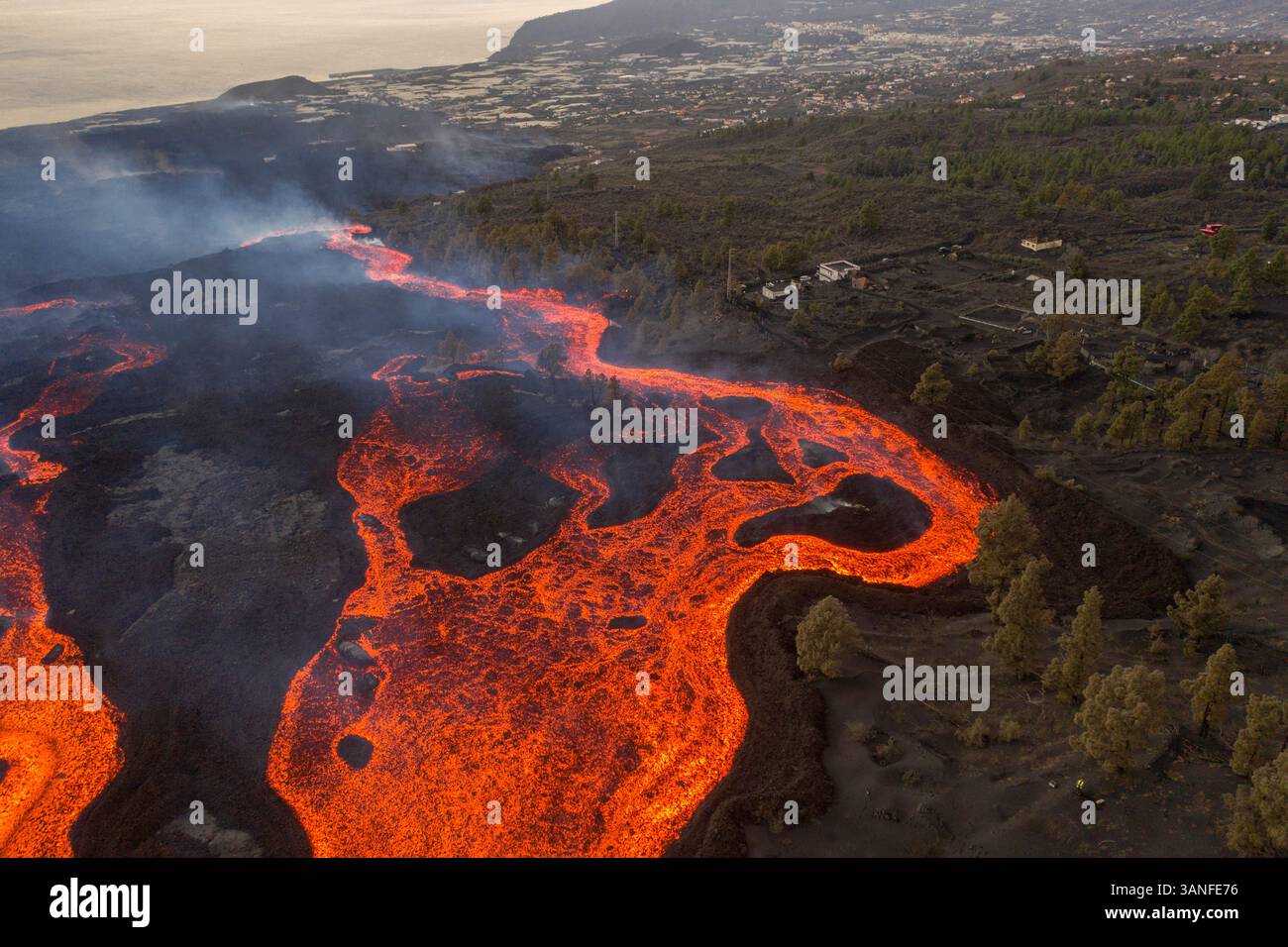 Aerial top down view of lava floating down the Volcan Cumbre Vieja, a ...
