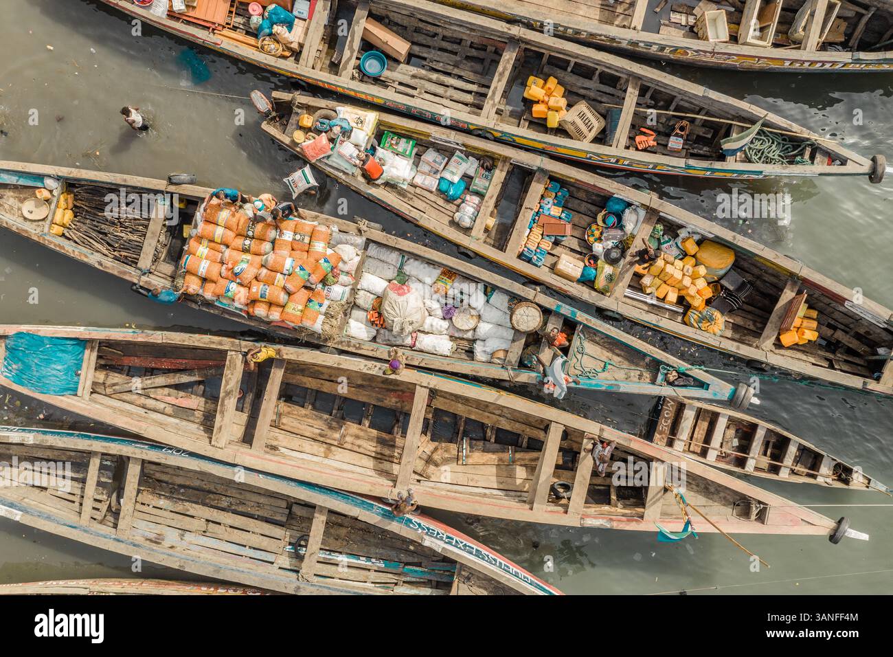 Aerial view of traditional fishing boat in Tombo city on Yawri bay ...
