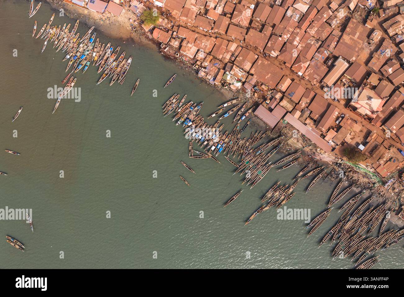 Aerial view of traditional fishing boat in Tombo city on Yawri bay ...