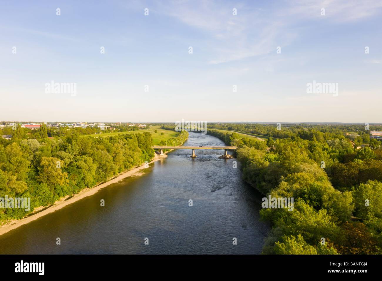 Aerial view of Podsusedski bridge crossing Sava river at scenic sunset ...