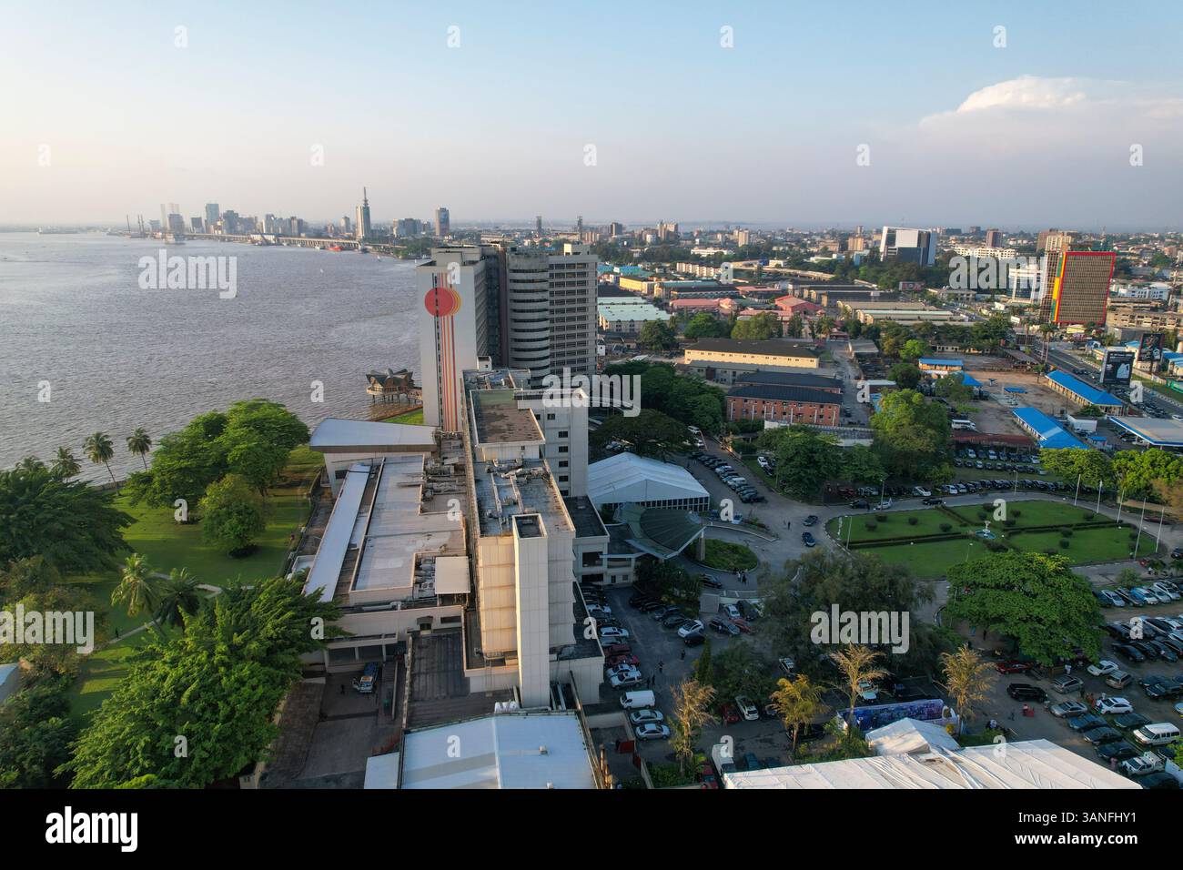 Aerial view of vibrant cityscape with modern skyscrapers and lush ...