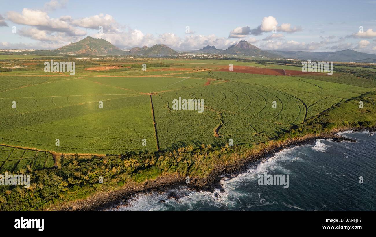 Aerial view of fields, coast, ocean, mountains, and sky with greenery ...