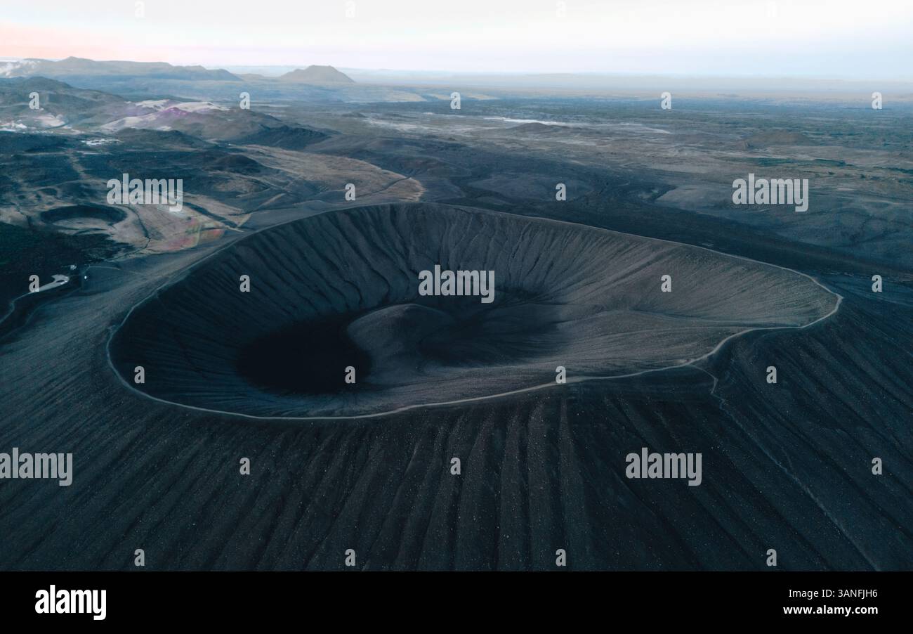 Aerial view of the majestic Hverfjall volcano with its striking crater ...