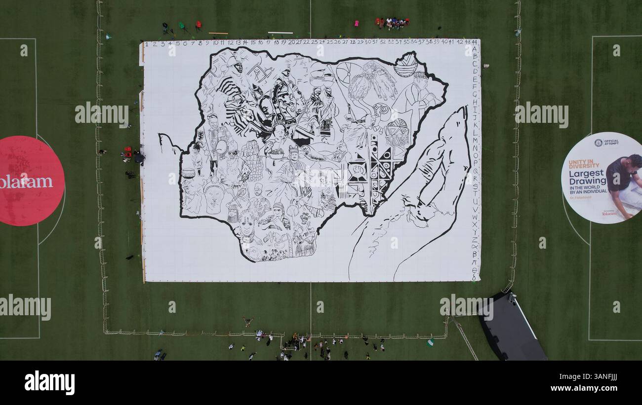 Lagos, Nigeria - 21 July 2024: Aerial view of the artistic installation ...
