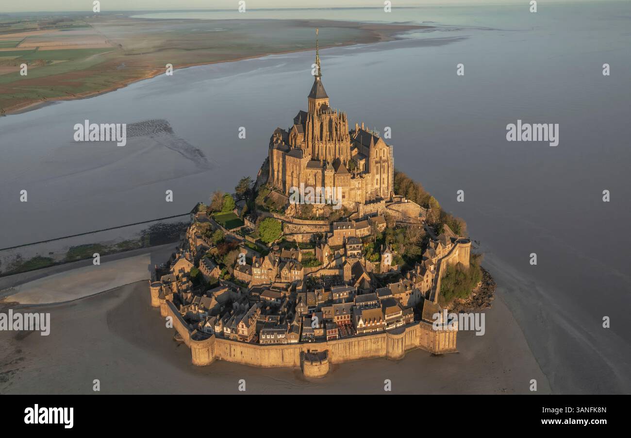 Aerial view of the historic abbey on a picturesque island surrounded by ...