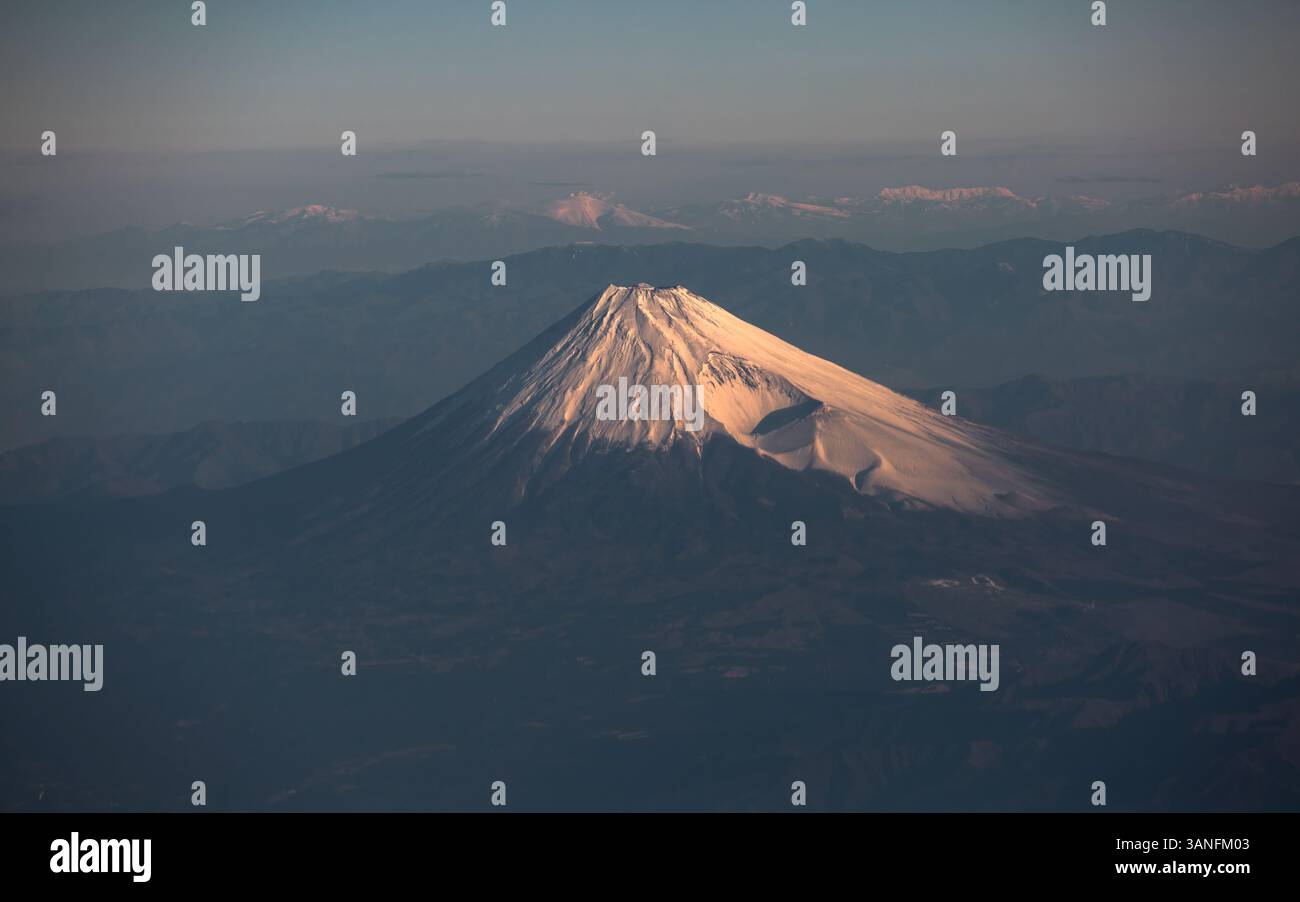 Aerial view of Mount Fuji seen from a window plane, Japan Stock Photo ...
