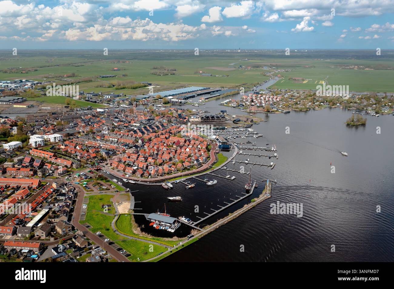 Aerial from the traditional town Grouw, Municipality of Leeuwarden, in ...