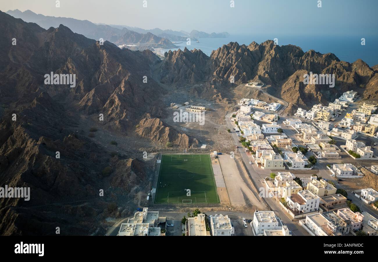 Aerial view of Qantab-Al Jissa with football pitch, Muscat, Oman Stock ...