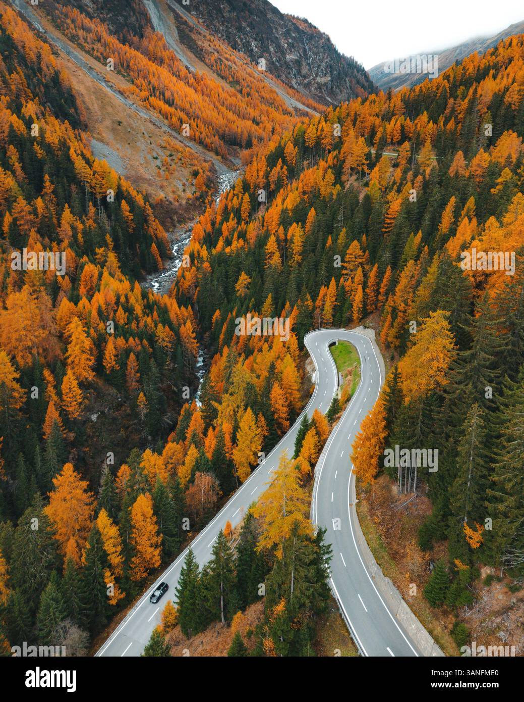 Aerial view of winding road through vibrant autumn forest with majestic ...