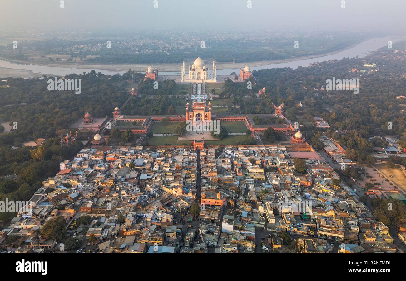 Aerial view of the Taj Mahal along Yamuna river, Agra, Uttar Pradesh ...