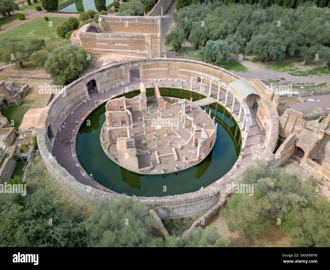 Aerial view of Ruins of Villa Adriana site of the Roman settlement, of ...