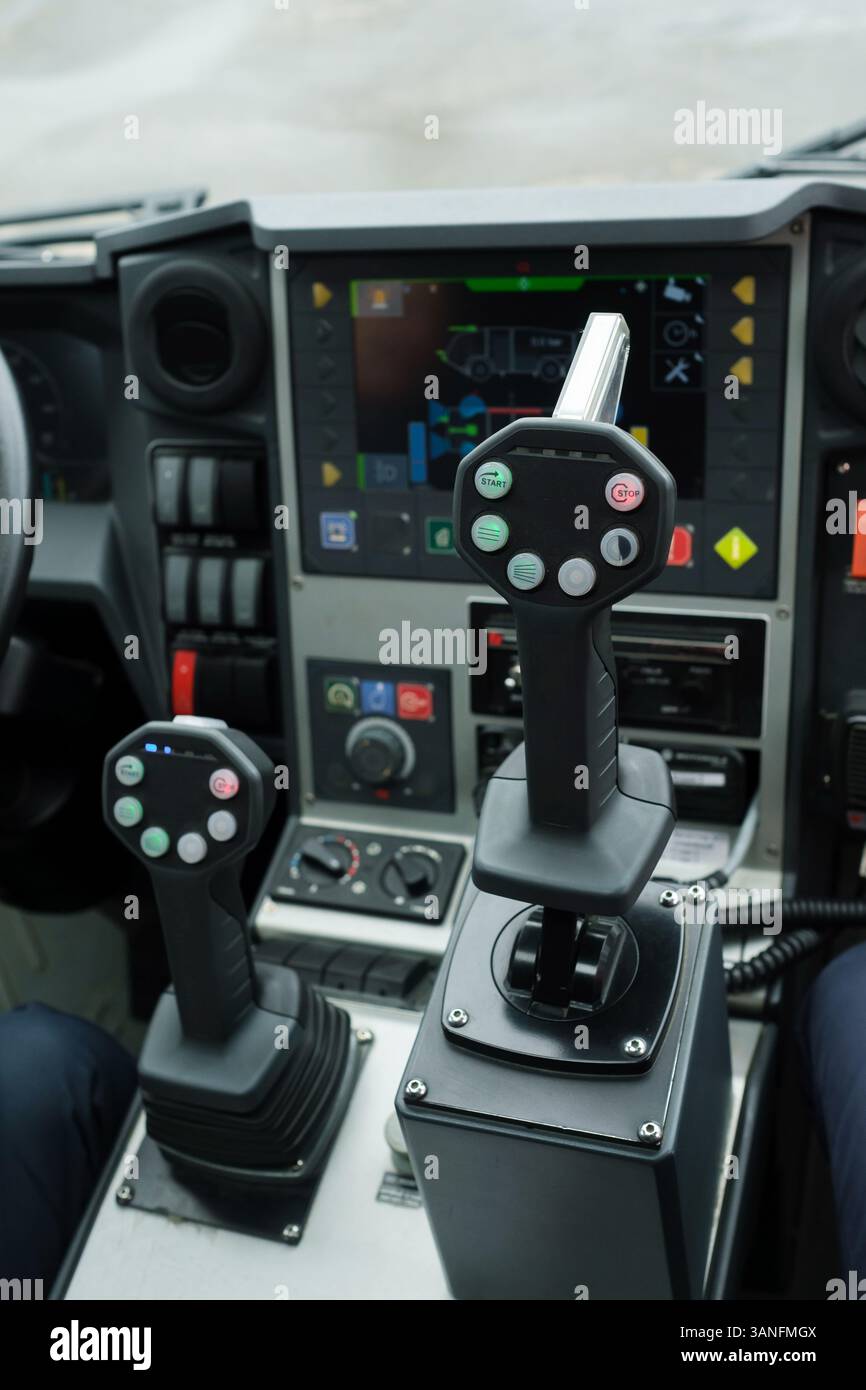 Control panel with joystick handles for operating heavy machinery in a ...