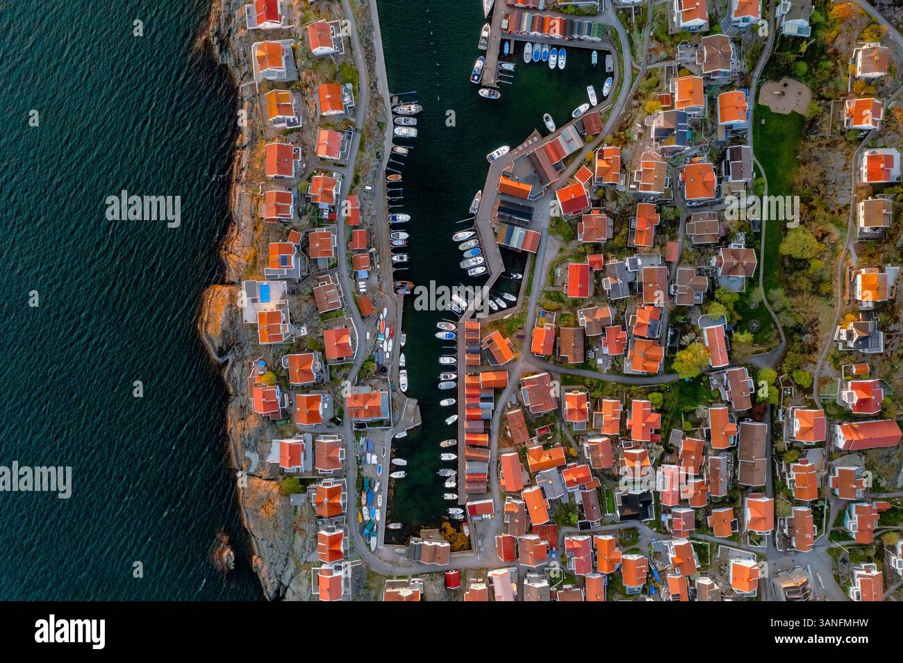 Aerial topdown view of fishing village Åstol with harbour, Sweden Stock ...