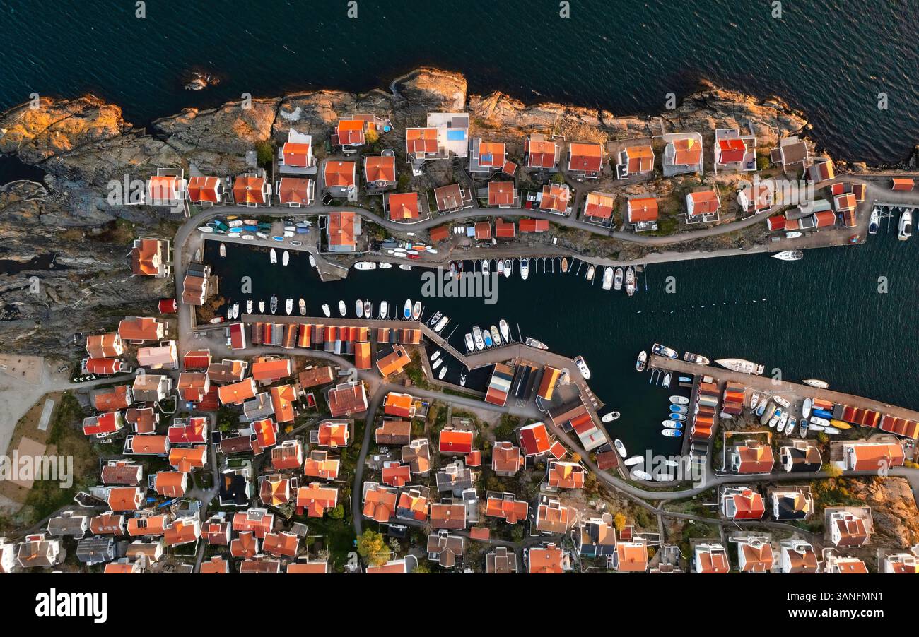 Aerial topdown view of fishing village Åstol with harbour, Sweden Stock ...