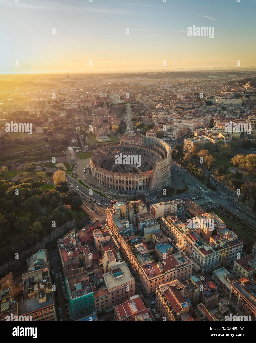 Aerial view of the Colosseum amphitheater in Rome downtown, Lazio ...