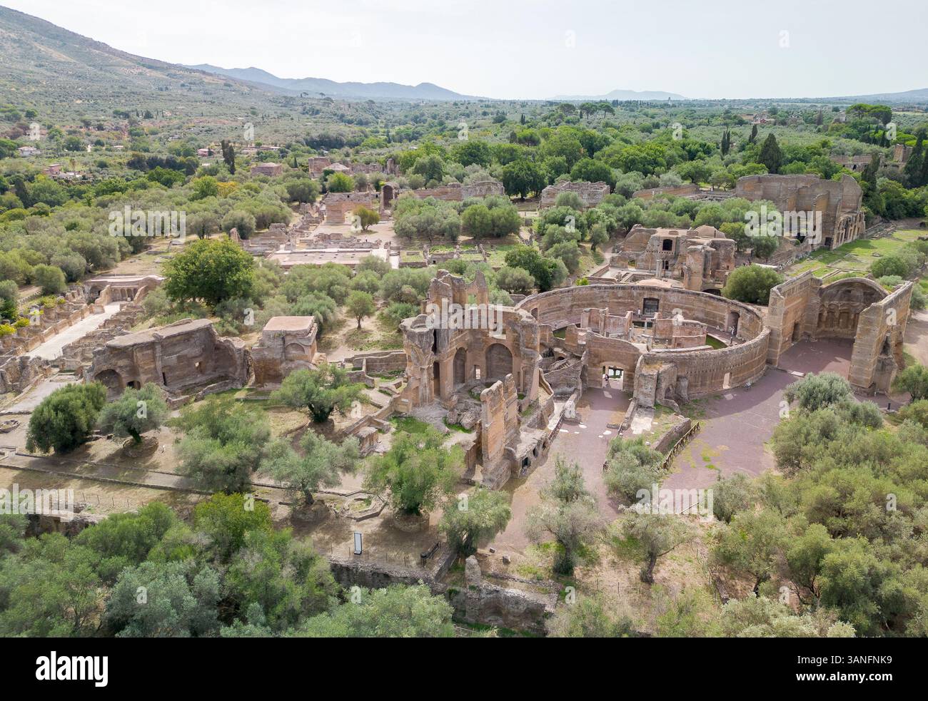 Aerial view of Ruins of Villa Adriana site of the Roman settlement, of ...