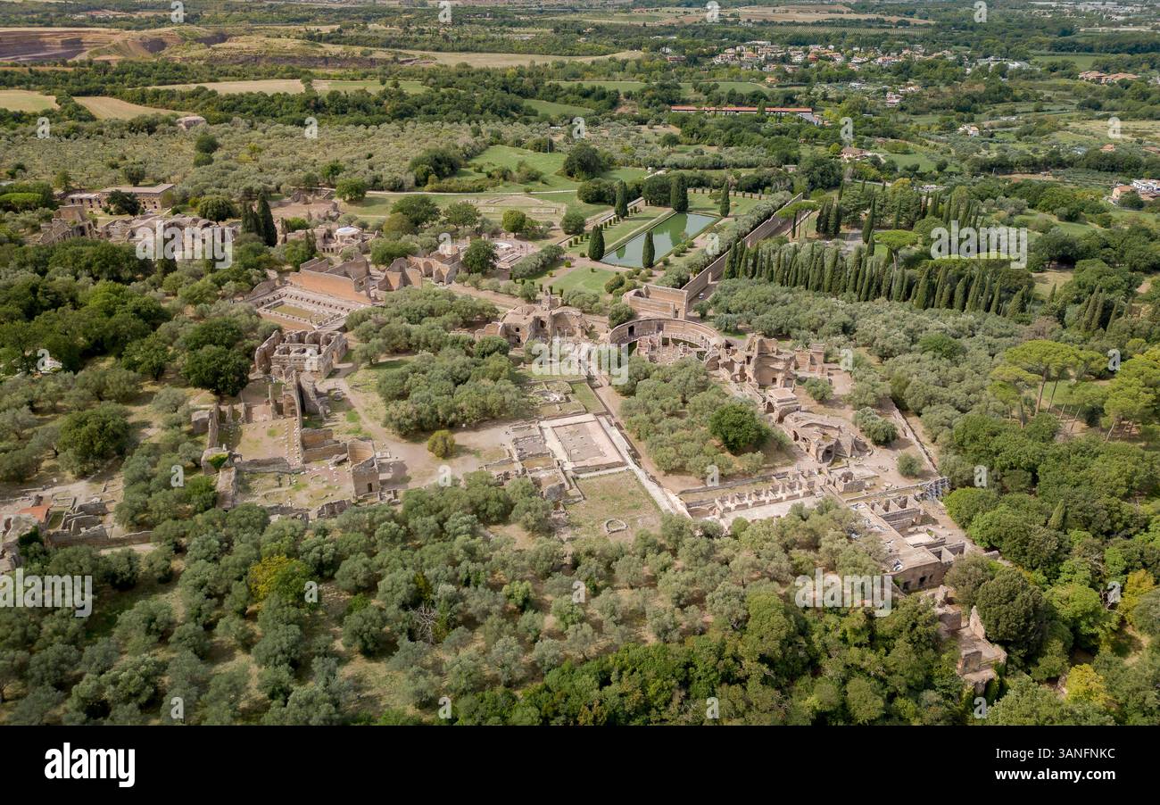 Aerial view of Ruins of Villa Adriana site of the Roman settlement, of ...
